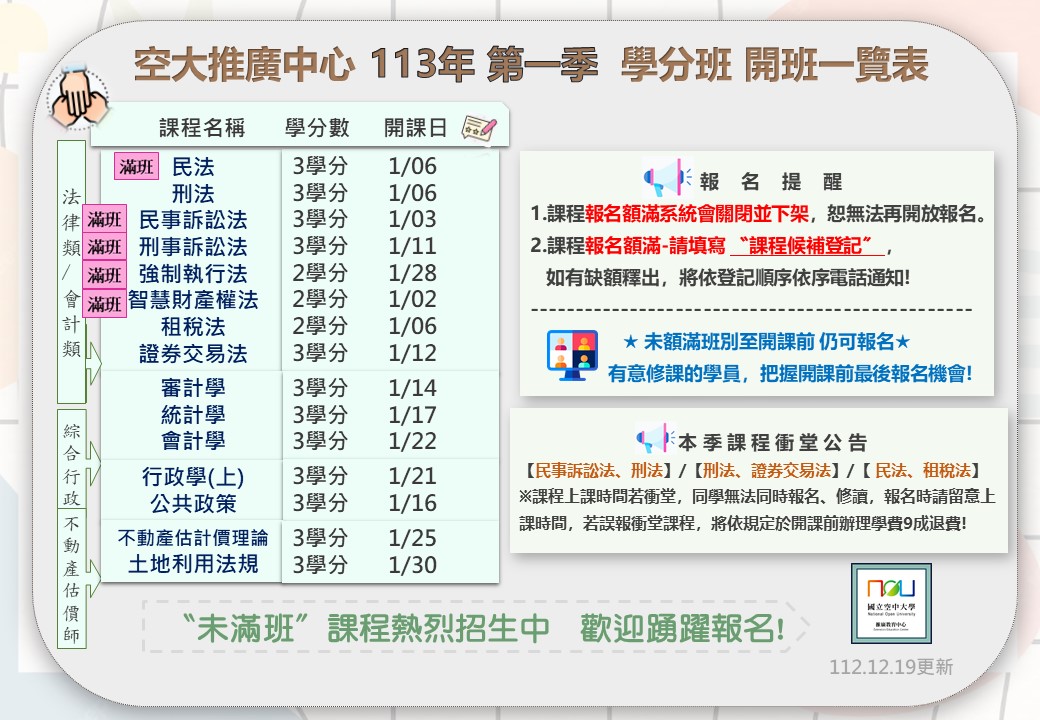 近期學分班開課資訊 - 國立空中大學 推廣教育中心